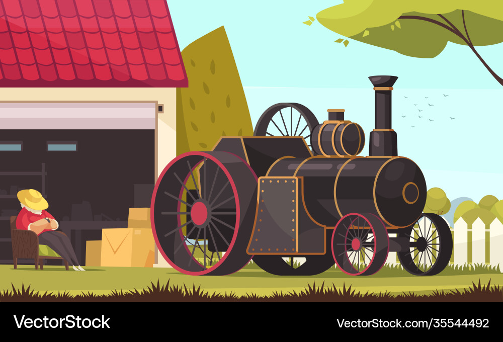 Steam engine car composition Royalty Free Vector Image