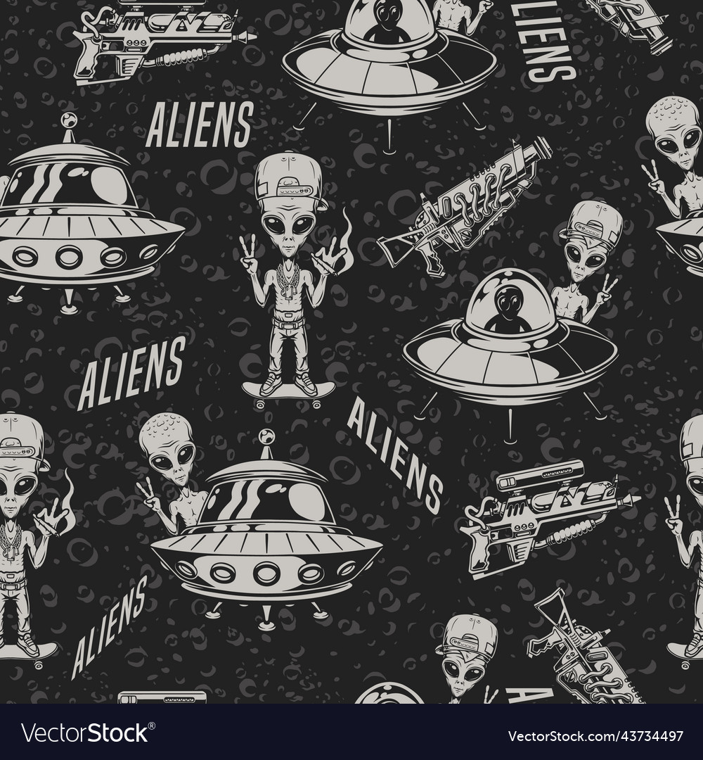 Aliens vintage seamless pattern monochrome Vector Image