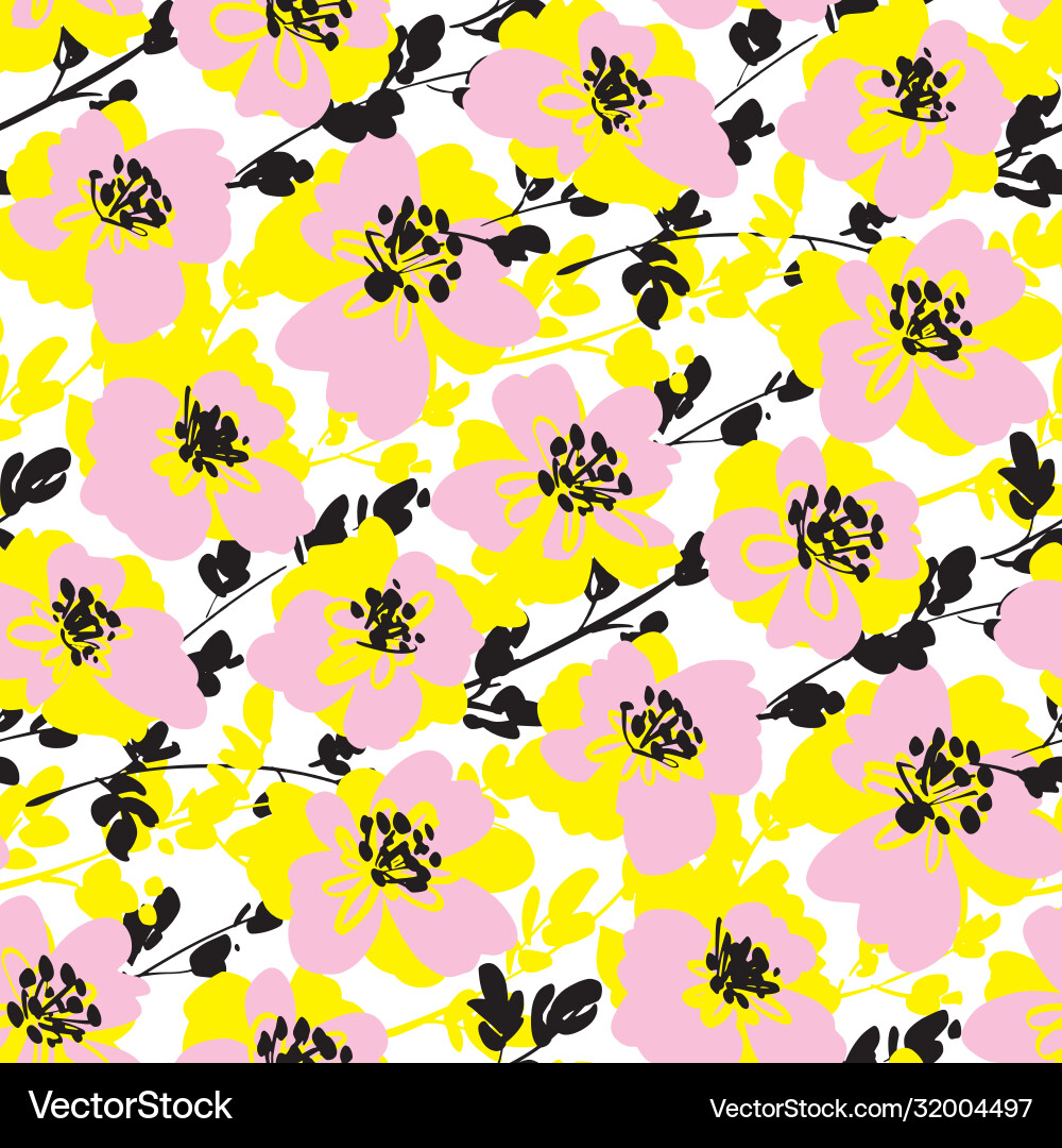 Pink and yellow abstract blossom flowers pattern Vector Image