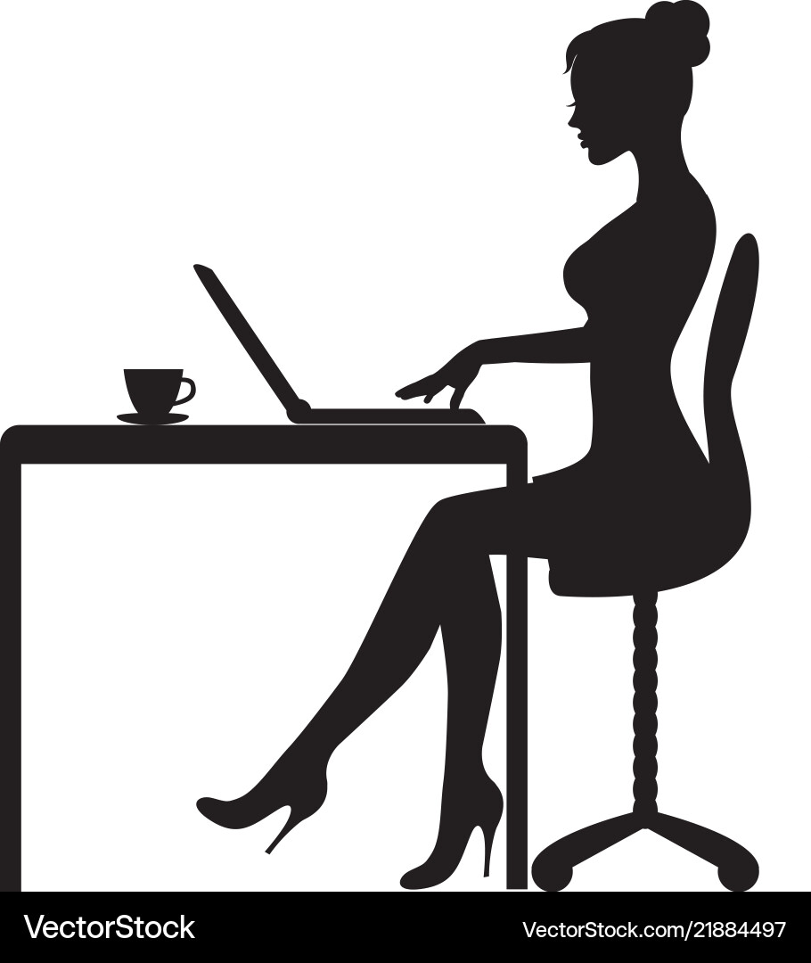 Woman is sitting at the computer Royalty Free Vector Image