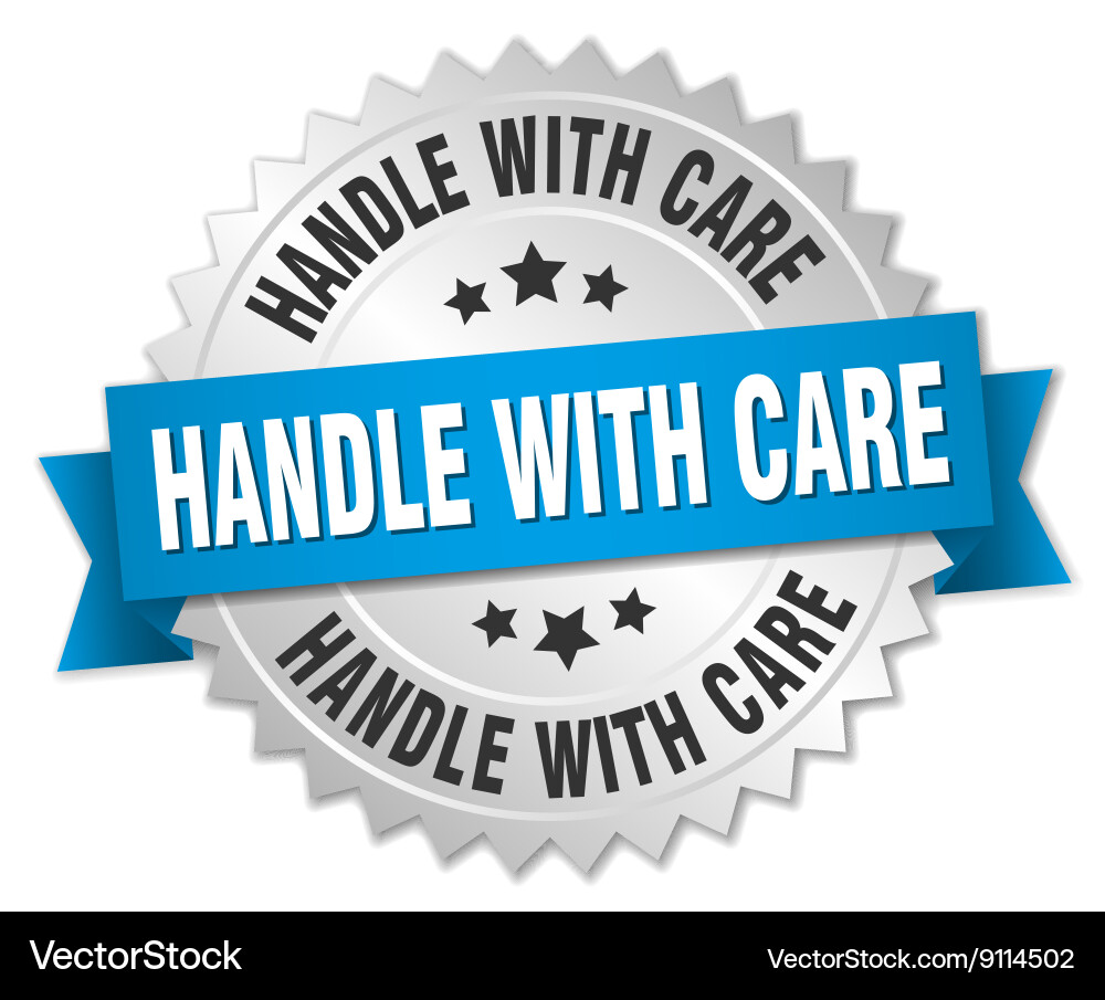 Handle with care 3d silver badge blue ribbon Vector Image