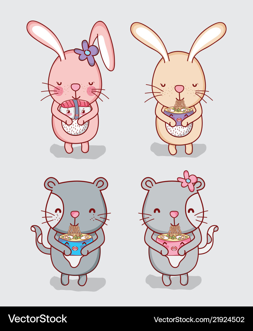 Rabbits and cats with food Royalty Free Vector Image
