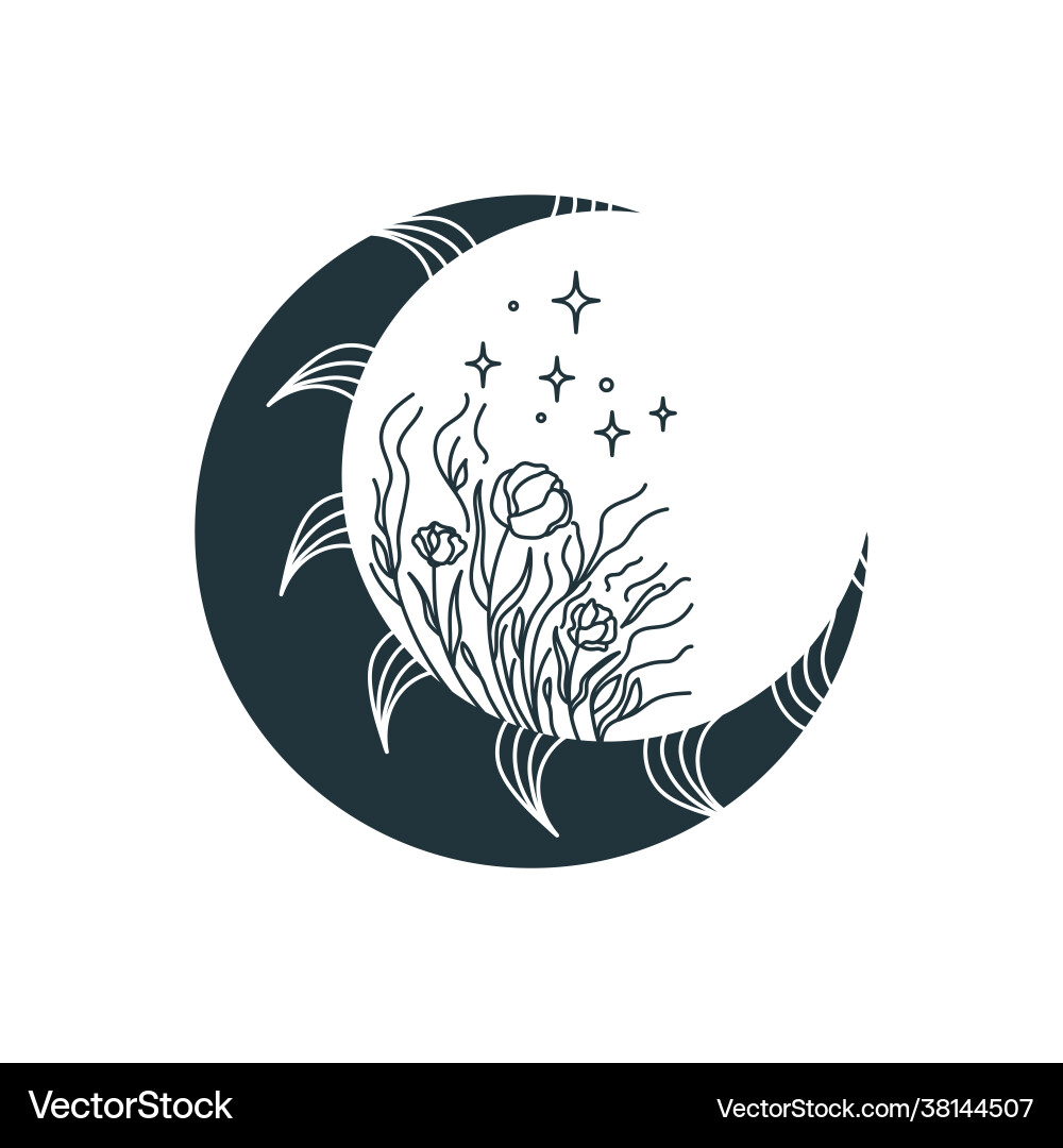 Black floral moon isolated boho drawing mystical Vector Image
