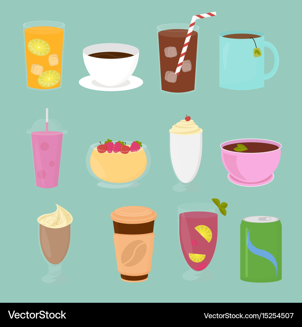 Set of drinks in flat cartoon Royalty Free Vector Image