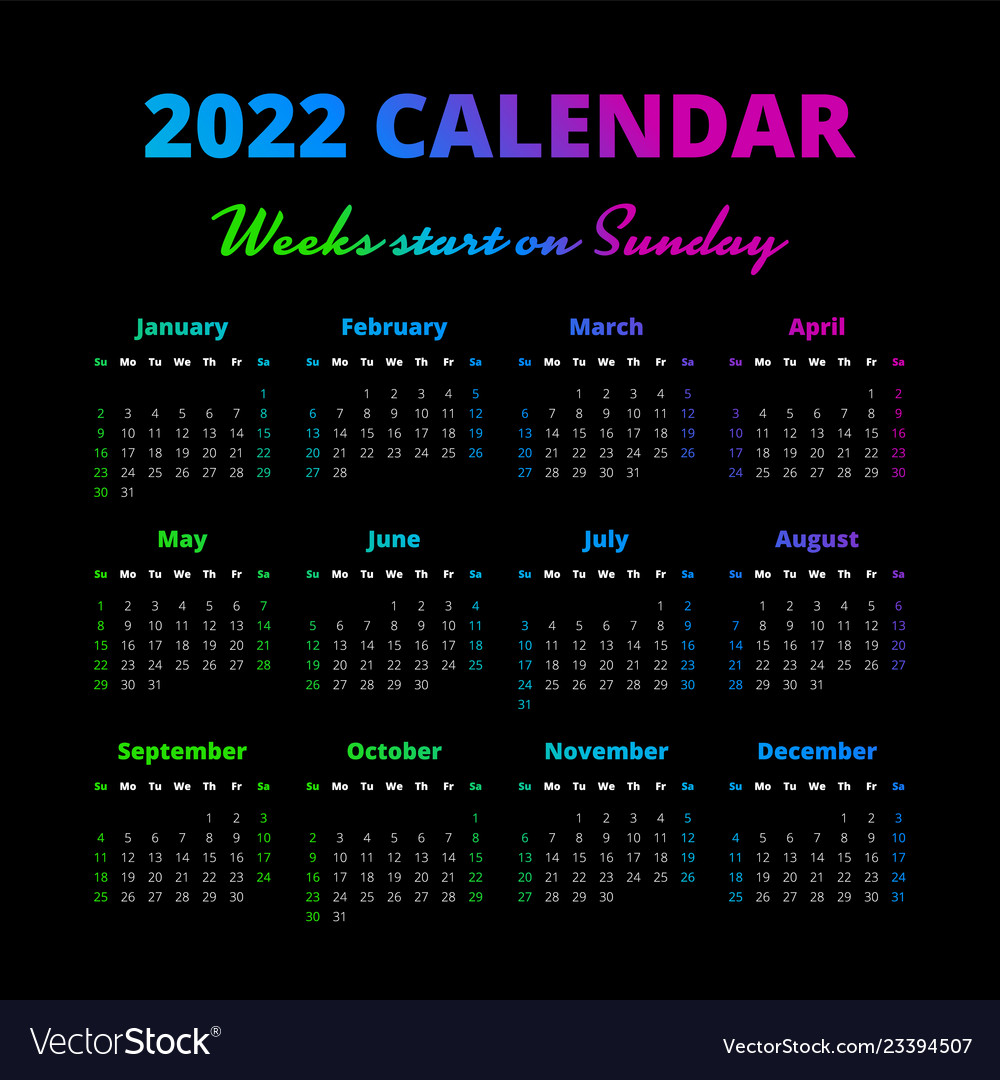 Simple 2022 Year Calendar Weeks Start On Sunday Vector Image