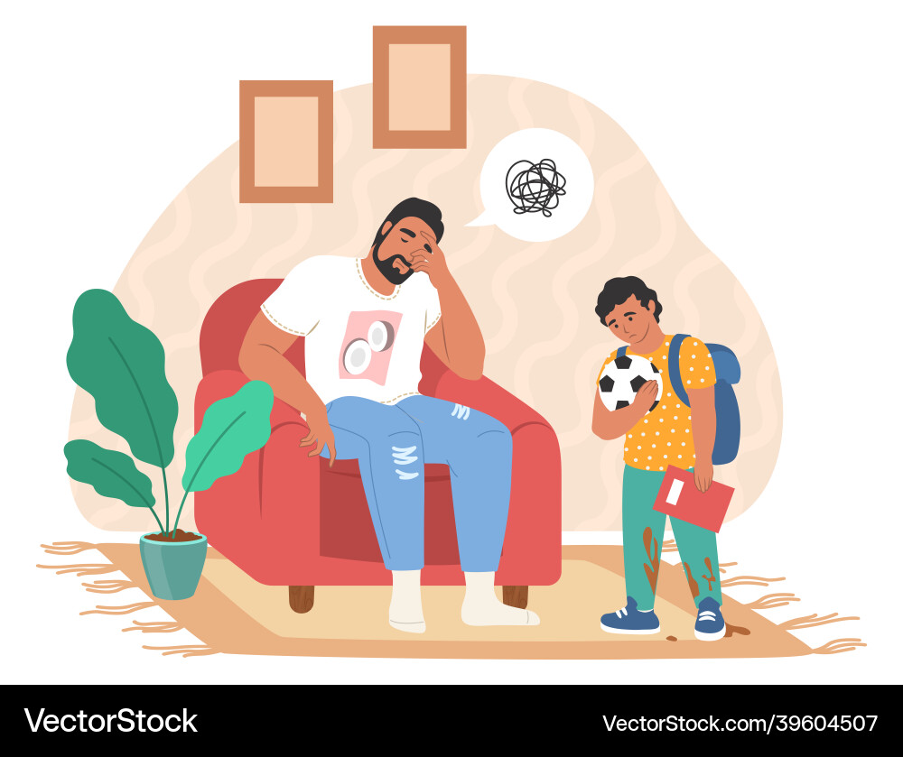 Tired dad sitting in armchair while son staying Vector Image
