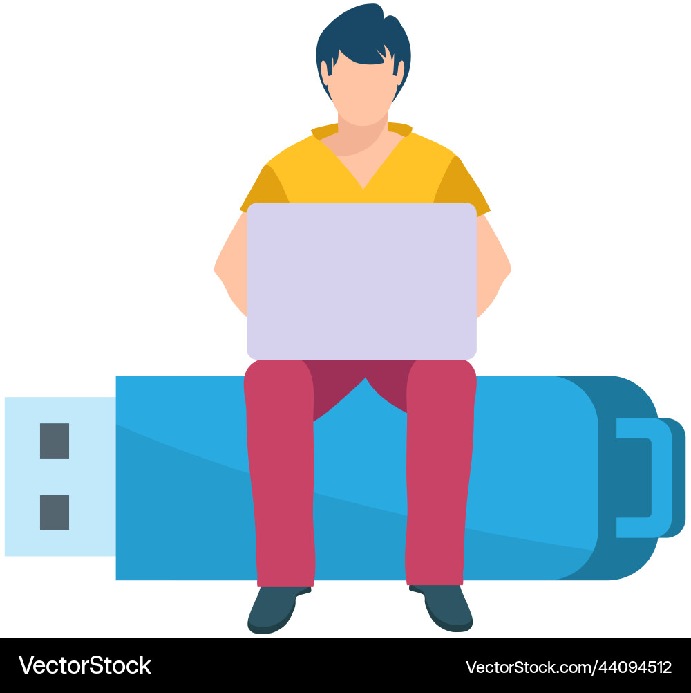 Business man with laptop sitting on usb flash Vector Image