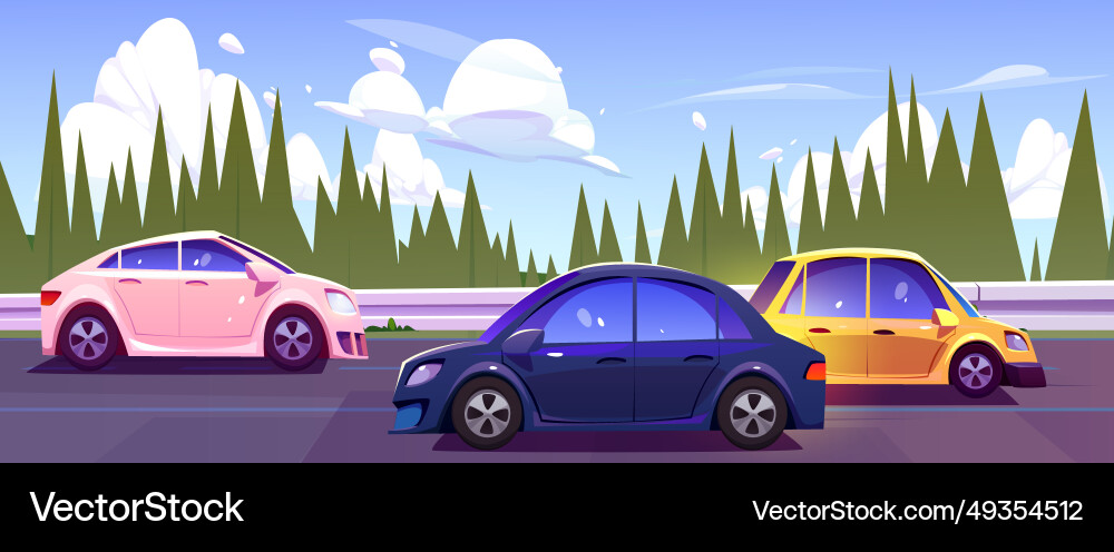 Cars driving highway along forest Royalty Free Vector Image