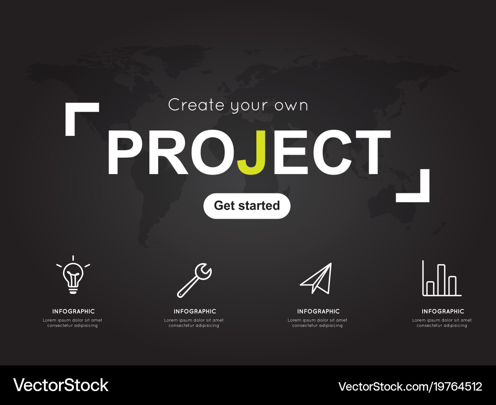 Project icons with world black map for business Vector Image