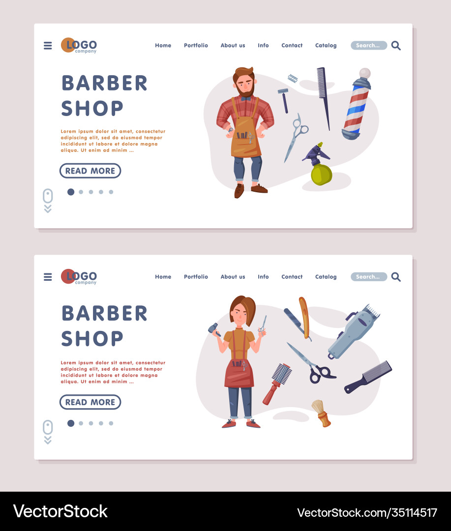 Barber shop landing page templates set Royalty Free Vector