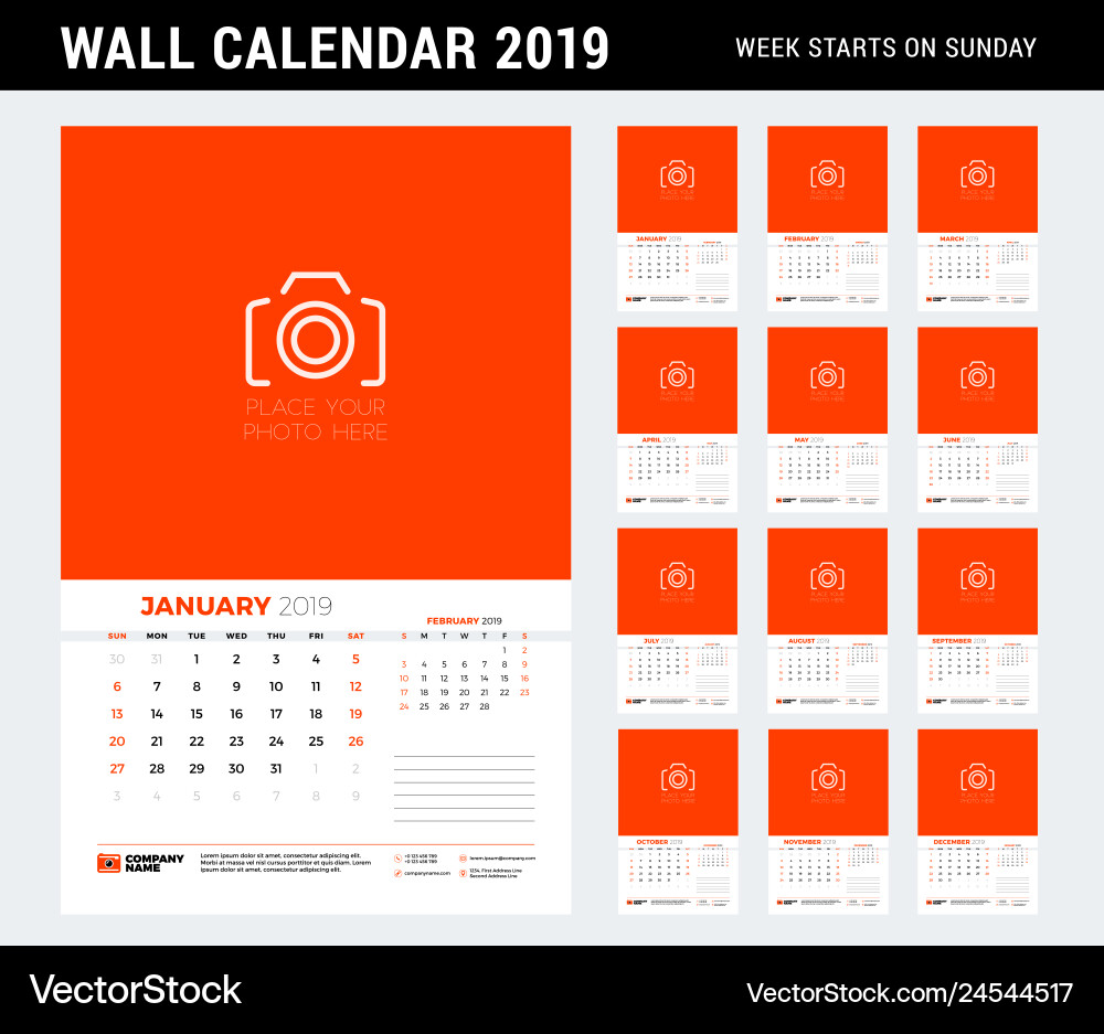 Wall calendar template for 2019 year week starts Vector Image