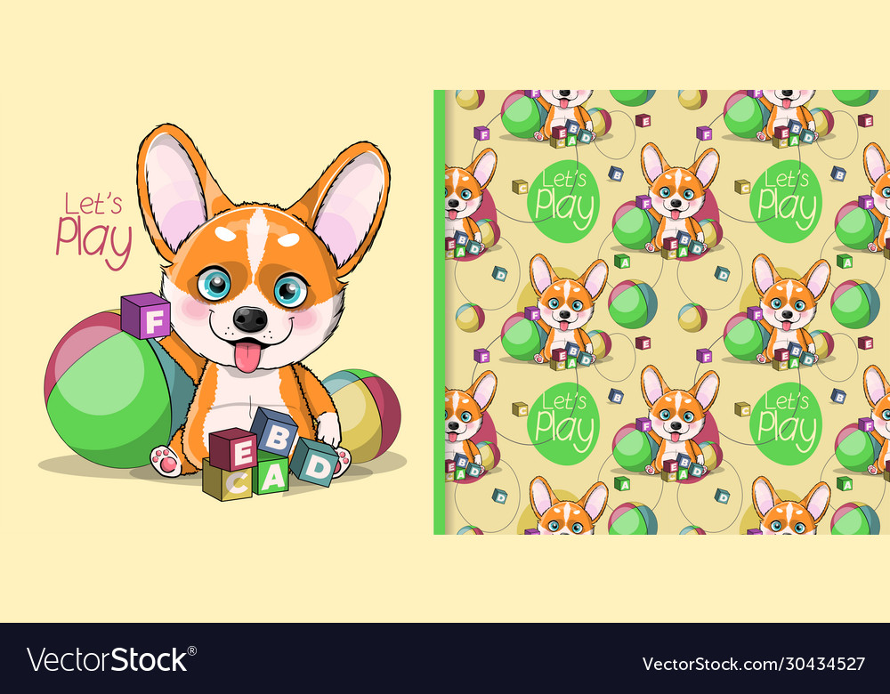 Cute cartoon dog corgi playing with alphabet box Vector Image