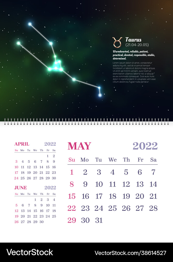 Wall zodiac calendar for may in vertical format Vector Image