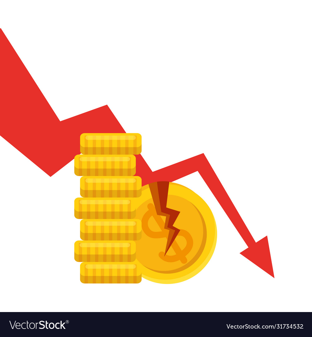 Broken dollar coins and decrease arrow Royalty Free Vector