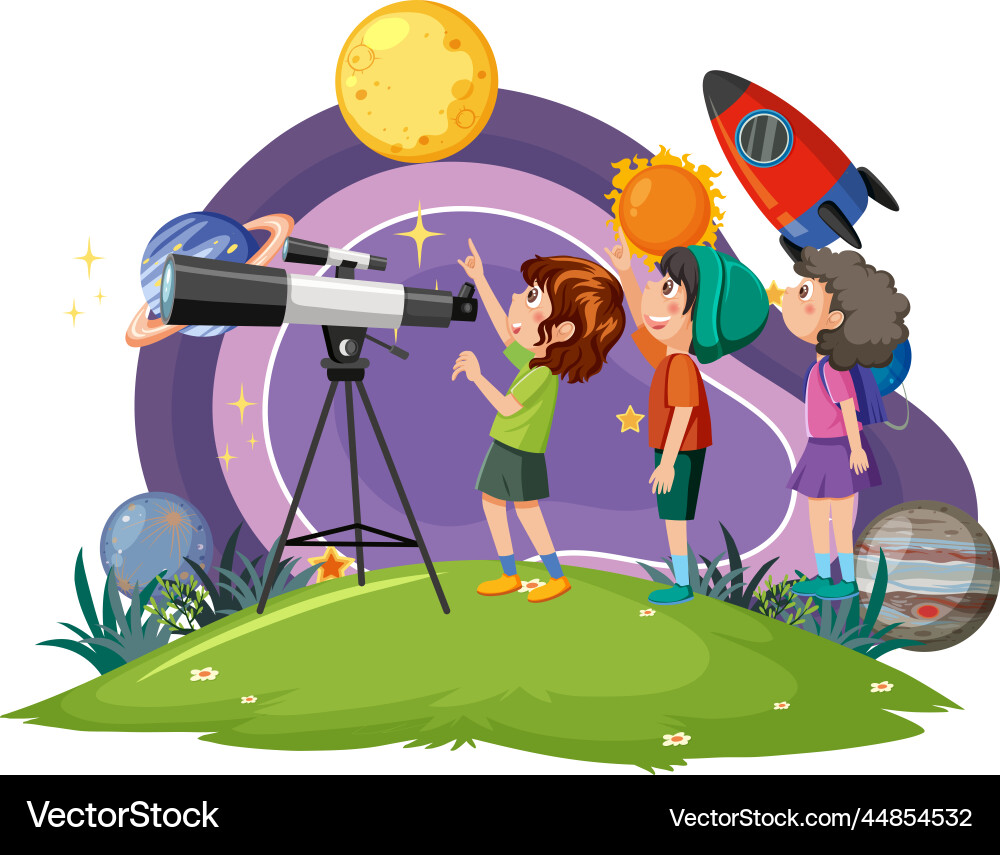 Kids observing the sky with a telescope Royalty Free Vector