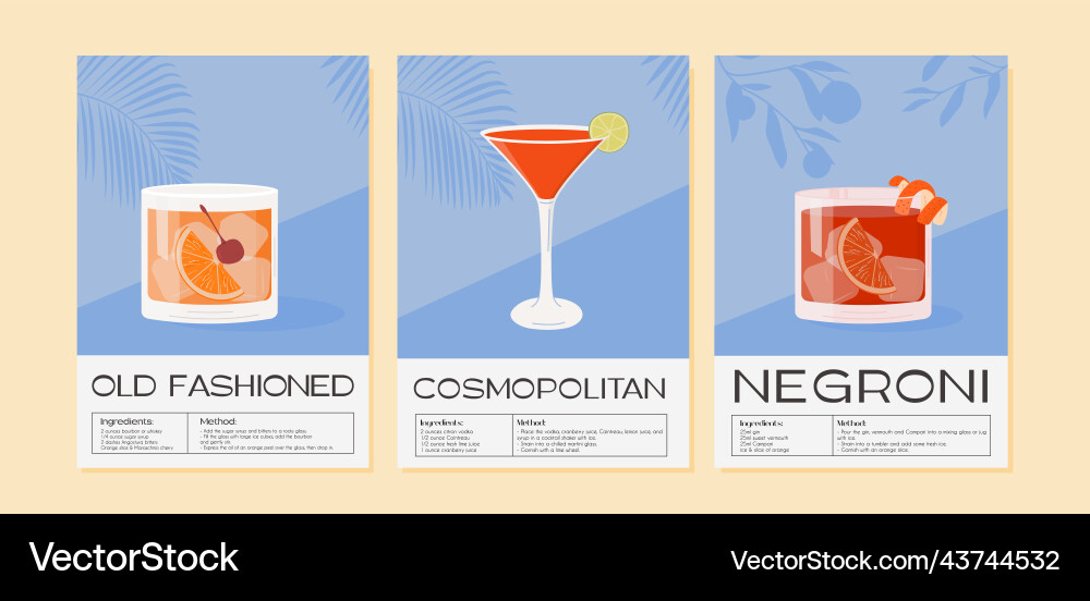 Old fashioned negroni and cosmopolitan cocktail Vector Image