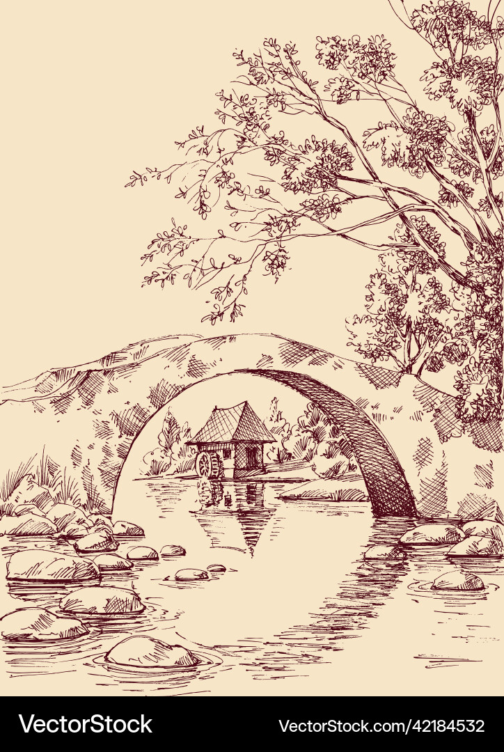 Stone bridge over river landscape and a water Vector Image