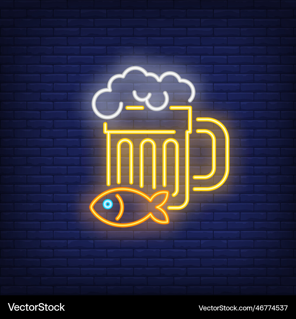 Beer mug with fish neon sign Royalty Free Vector Image