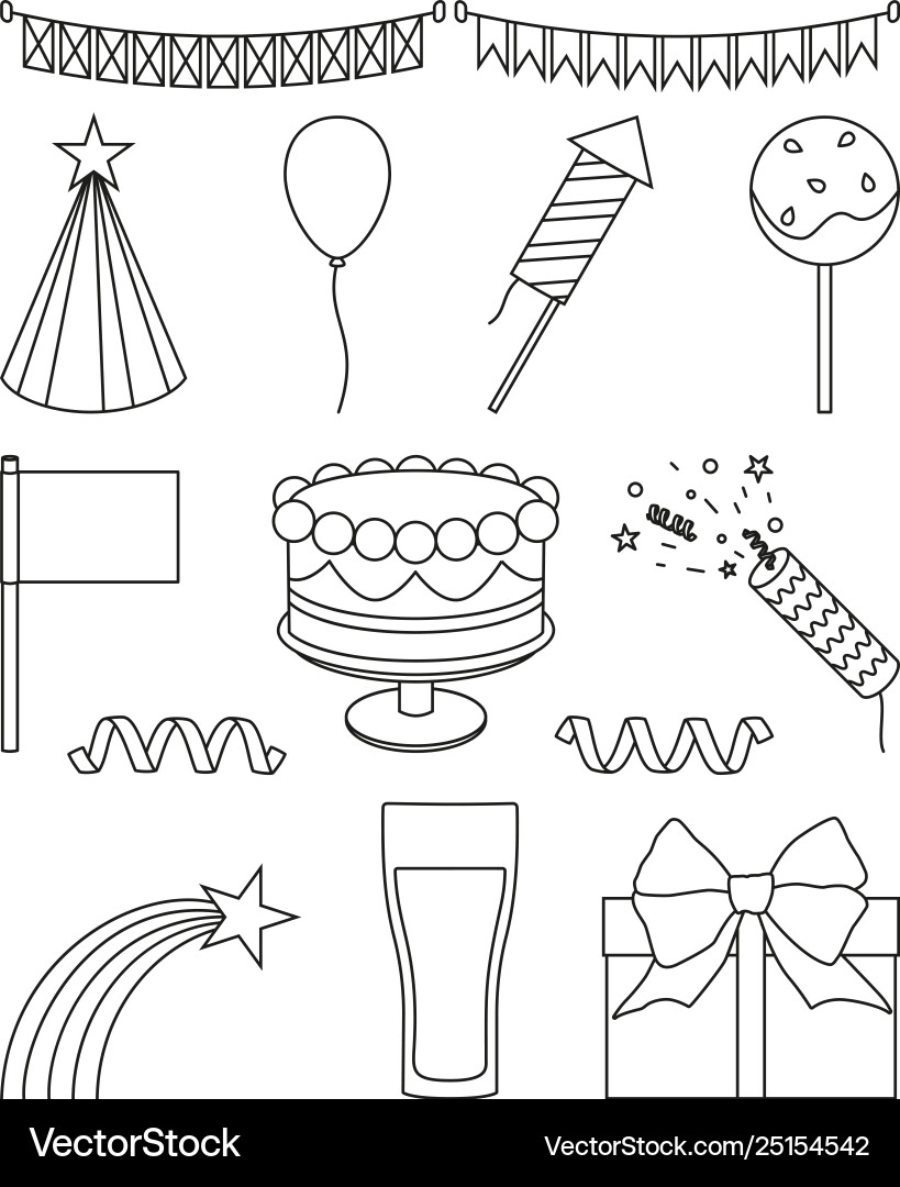 14 line art black and white party elements set Vector Image