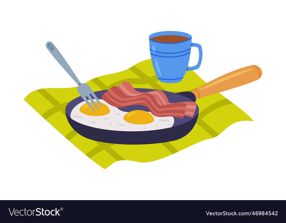 Scrambled eggs and bacon on frying pan and coffee Vector Image