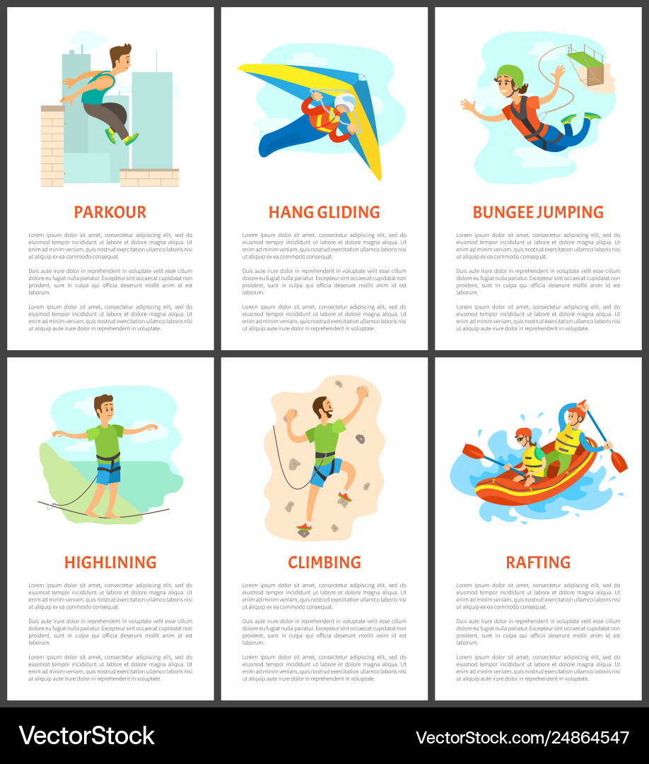 Climbing and bungee jumping rafting poster set Vector Image