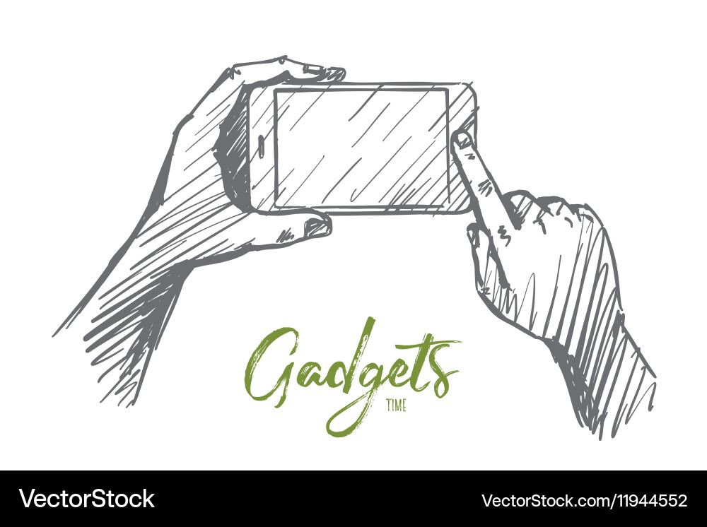 Hand drawn smartphone in human hands lettering Vector Image