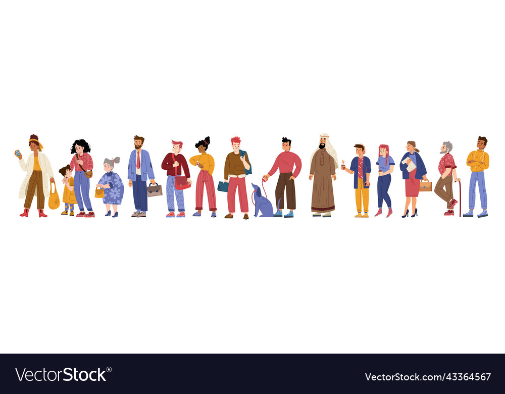 Different people stand in queue characters row Vector Image