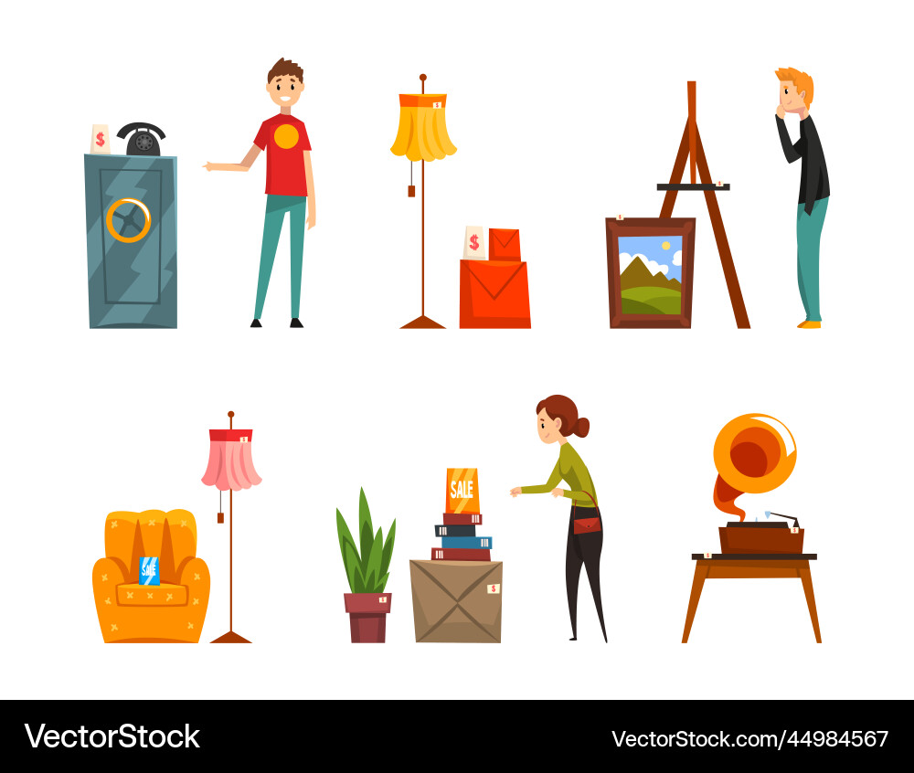Flea market with people character selling second Vector Image