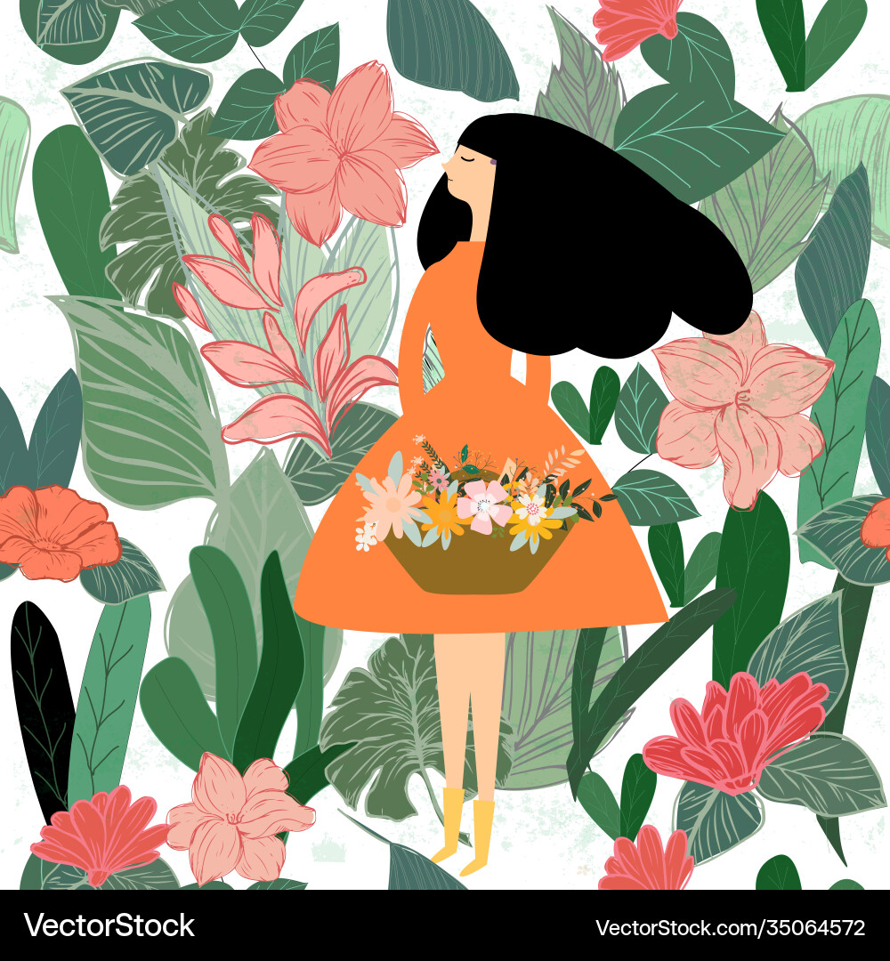 Cute woman in greenery leave seamless pattern Vector Image