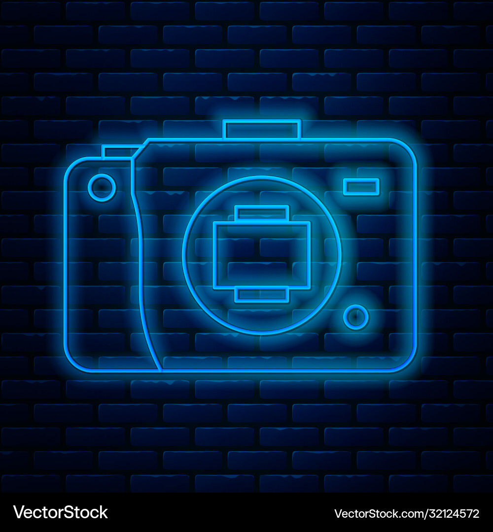 Glowing neon line mirrorless camera icon isolated Vector Image