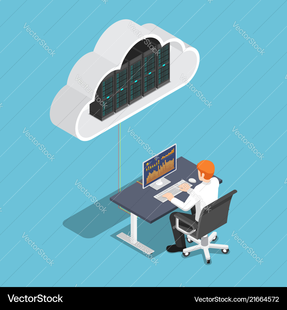 Isometric businessman working on desktop pc and Vector Image