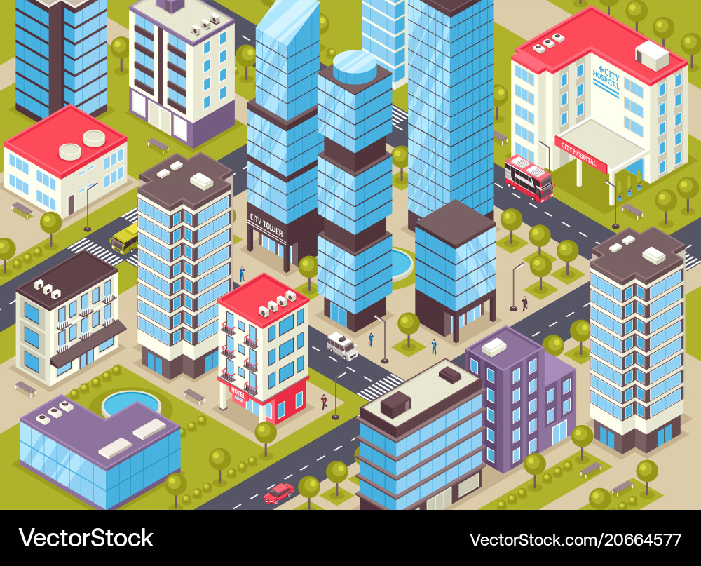 City buildings isometric poster Royalty Free Vector Image