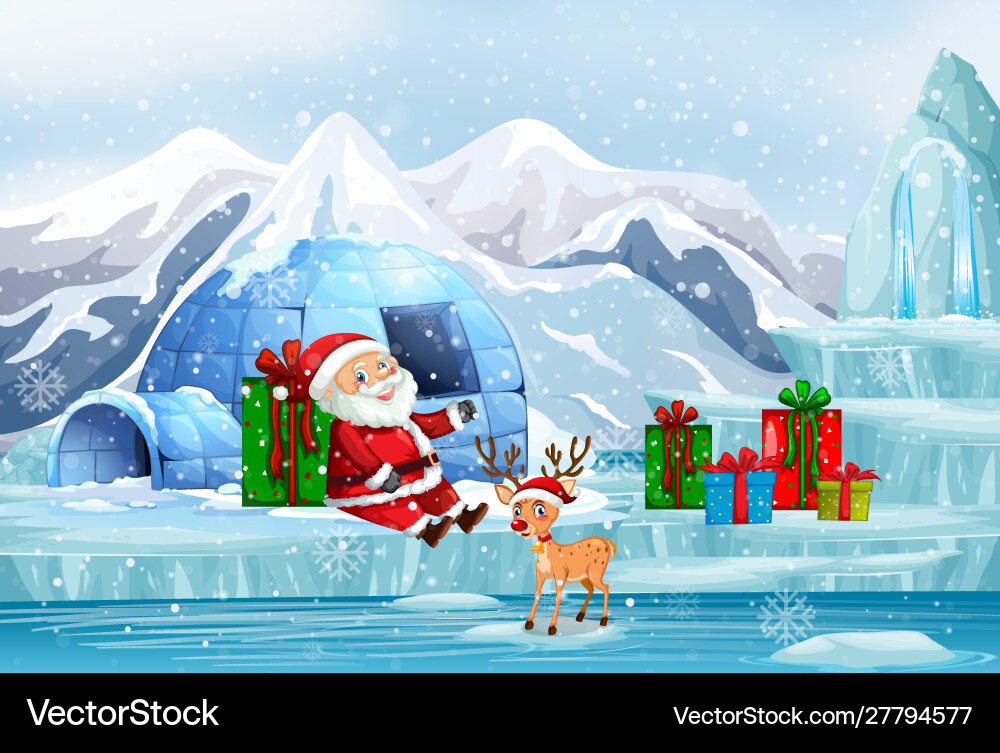Scene with santa and present in cold winter Vector Image