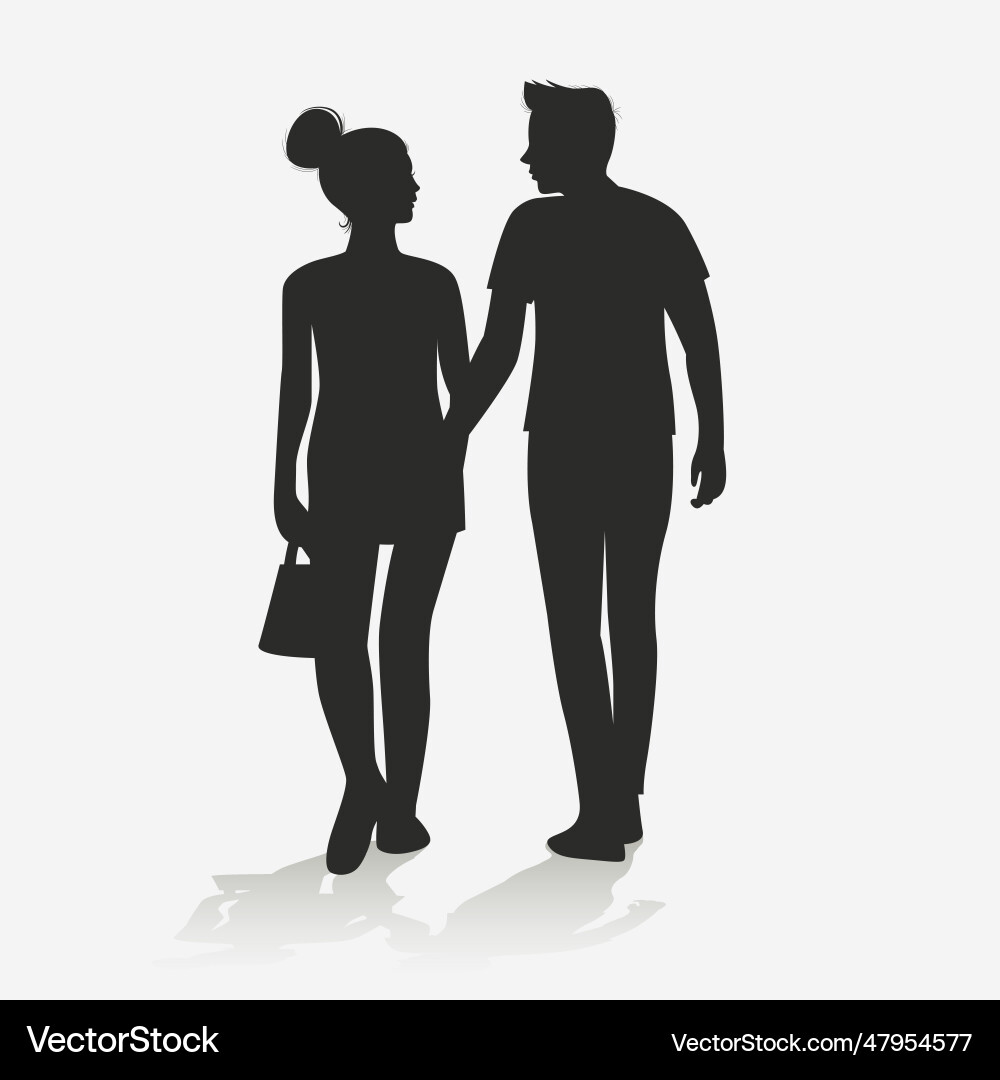 Silhouette of a couple walking while chatting Vector Image