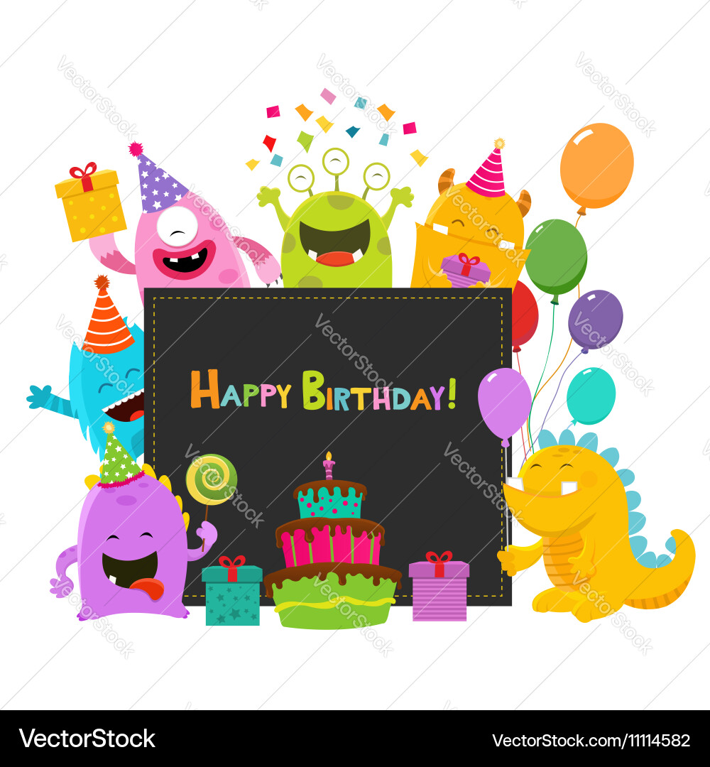 Cute birthday monsters card Royalty Free Vector Image