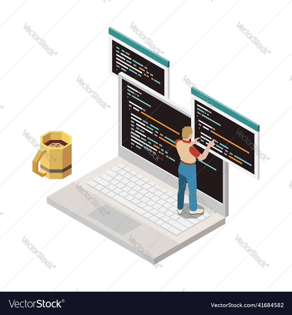 Laptop programming isometric composition Vector Image