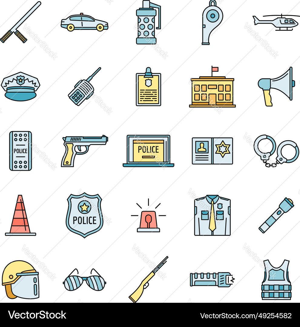 Police equipment element icons set color Vector Image