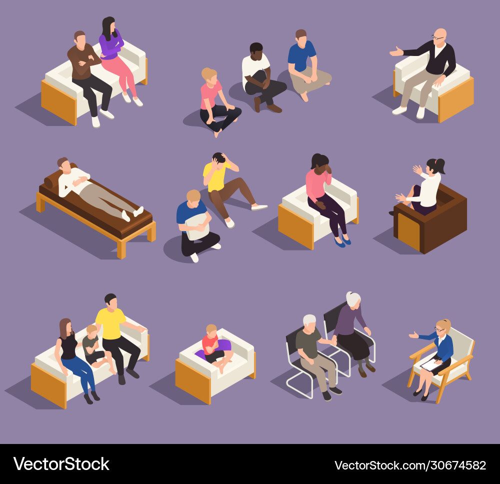 Psychology psychotherapy isometric set Royalty Free Vector