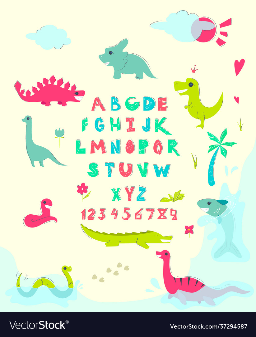 Funny english alphabet with cute dinosaurs Vector Image