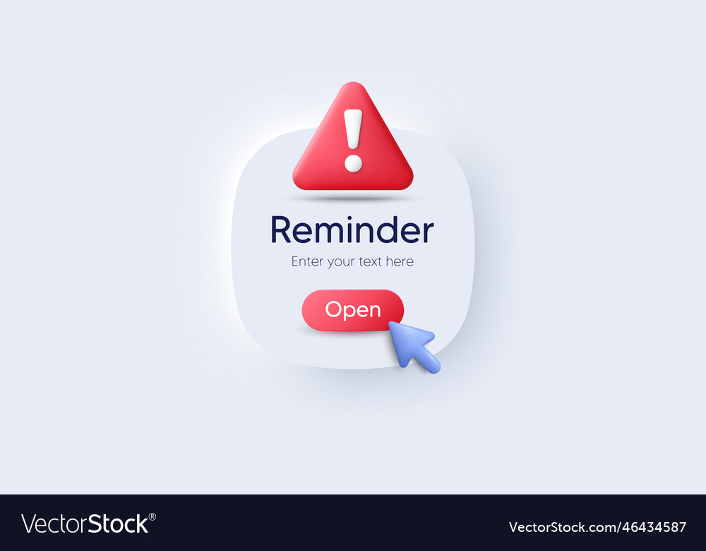 Reminder 3d notifications page with warning alert Vector Image