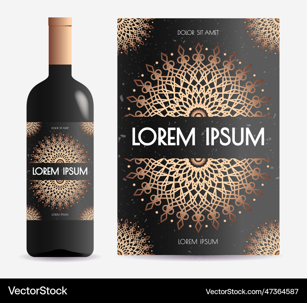 Vine label mandala gold style on black background Vector Image