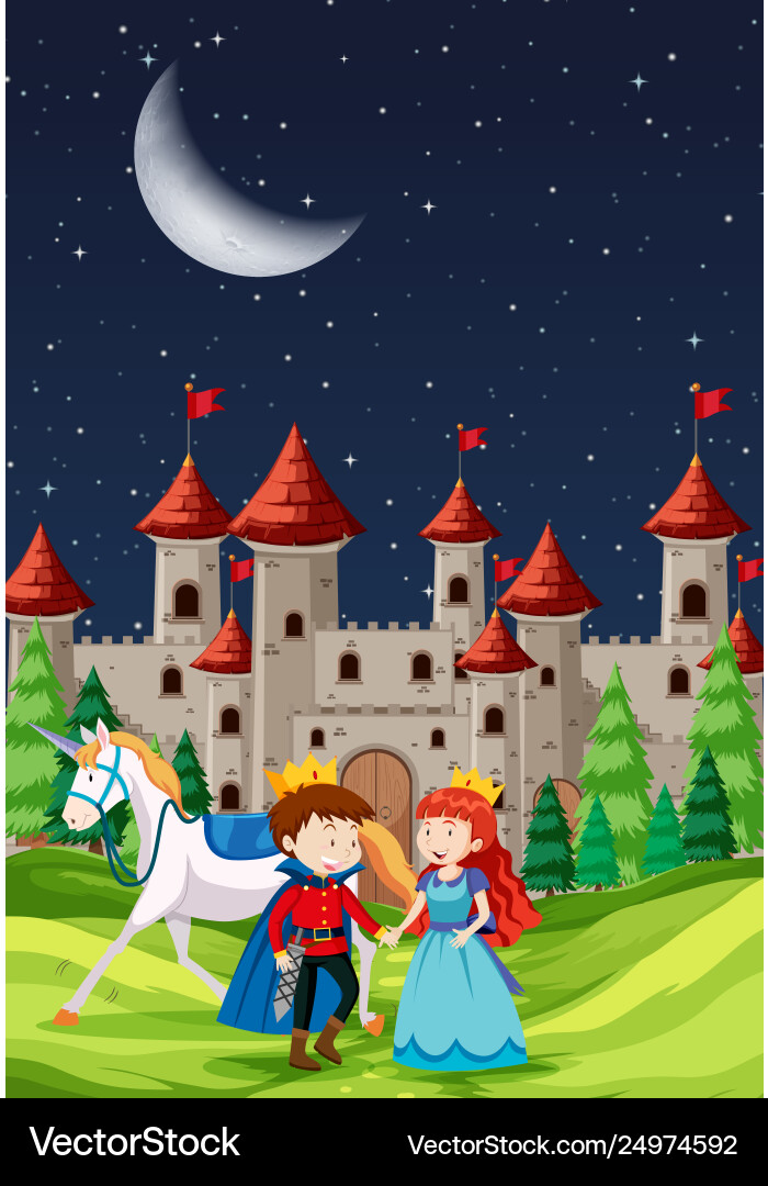 Prince and princess with a castle Royalty Free Vector Image