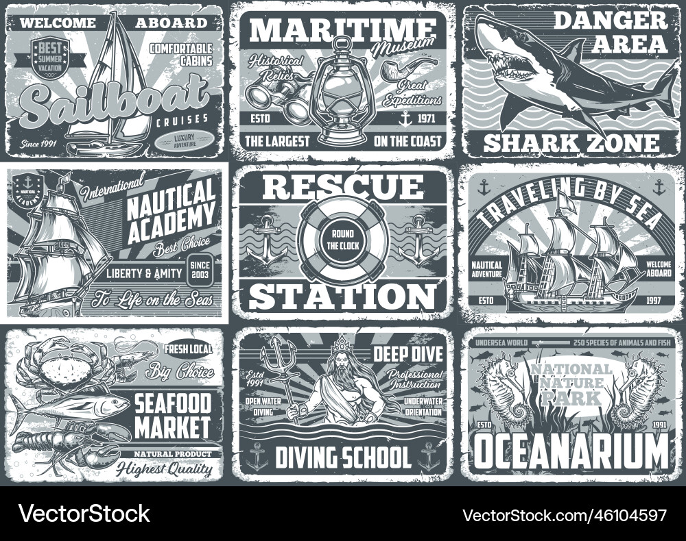 Nautical adventure monochrome set flyers Vector Image
