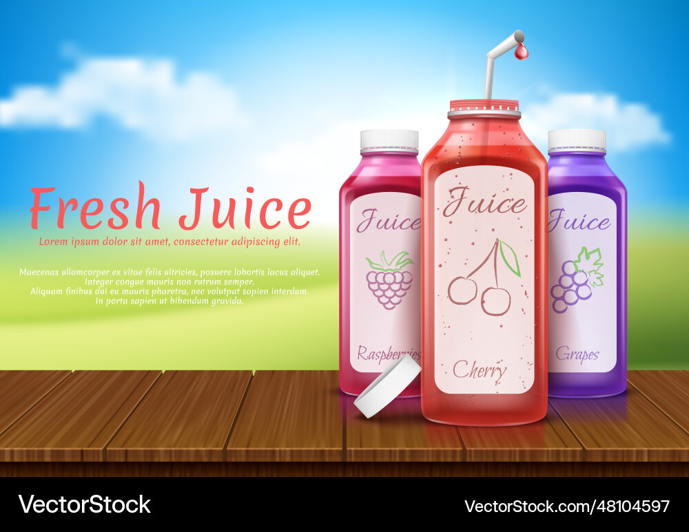 Realistic banner with juice bottles Royalty Free Vector