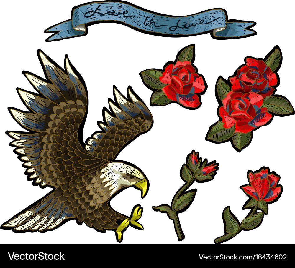 Embroidery with roses and an eagle-symbol Vector Image