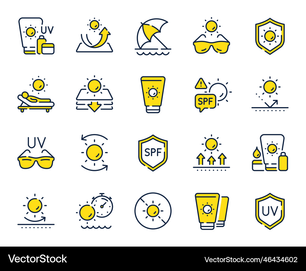 Sun protection line icons sunscreen beach Vector Image