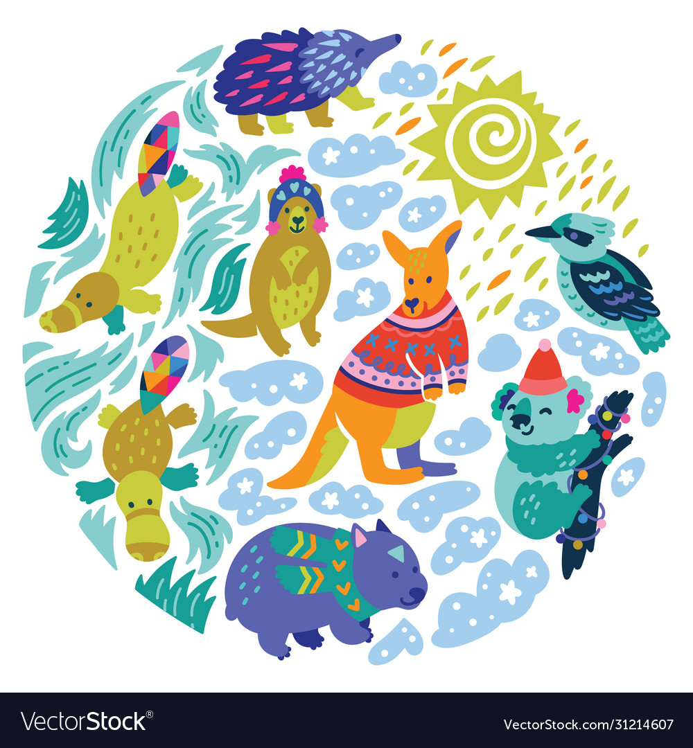 Christmas australian animals in circle frame Vector Image