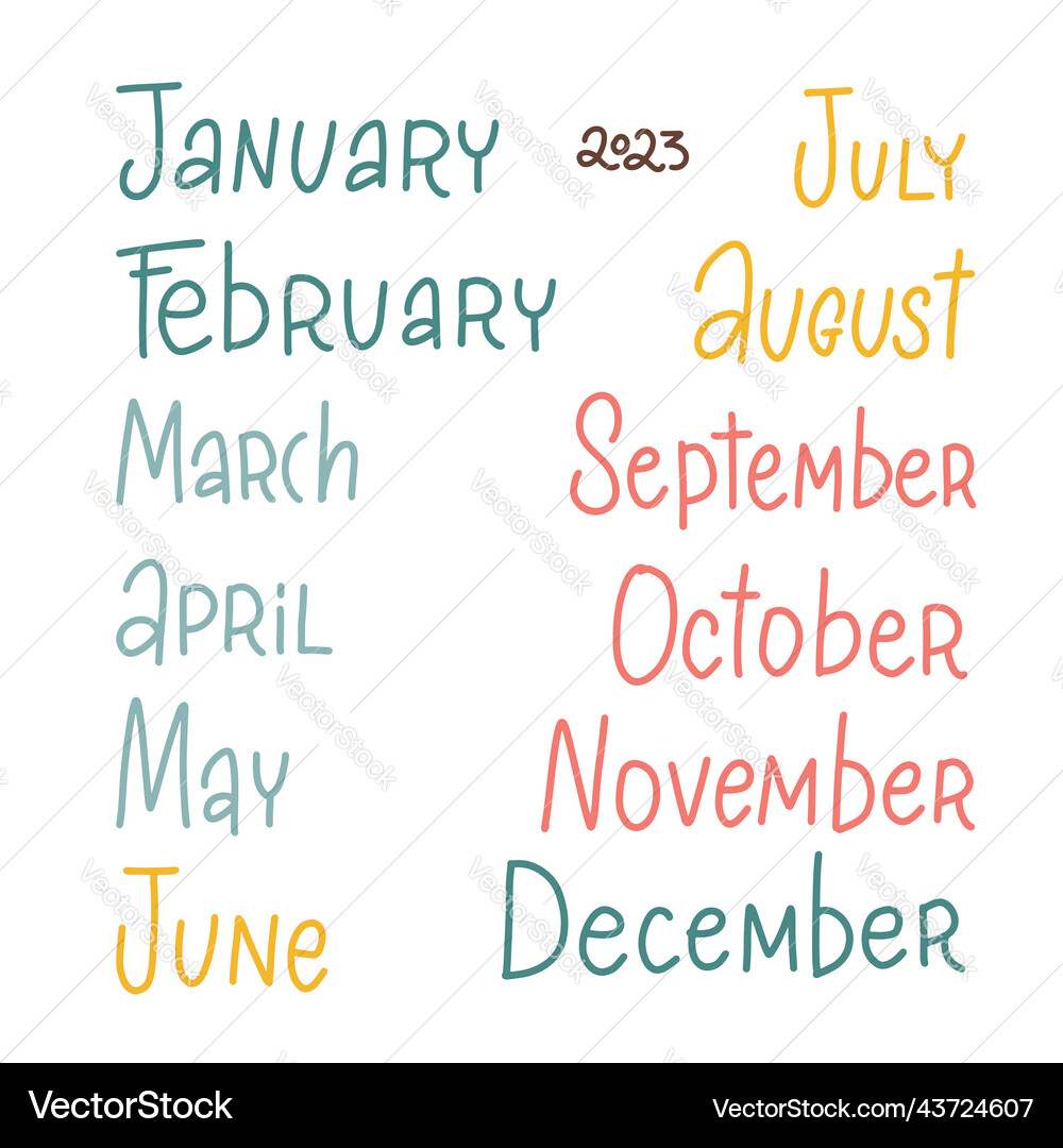 Hand drawn set of months modern linear Royalty Free Vector