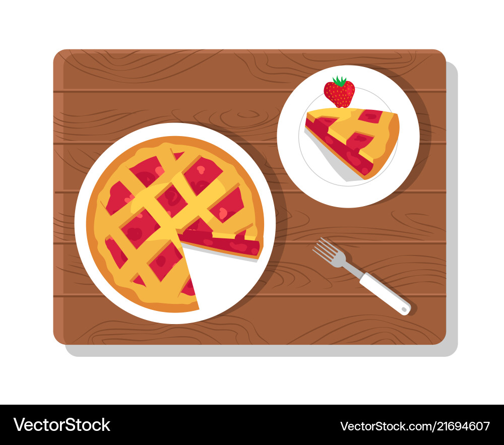 Pie and plate on wooden board Royalty Free Vector Image