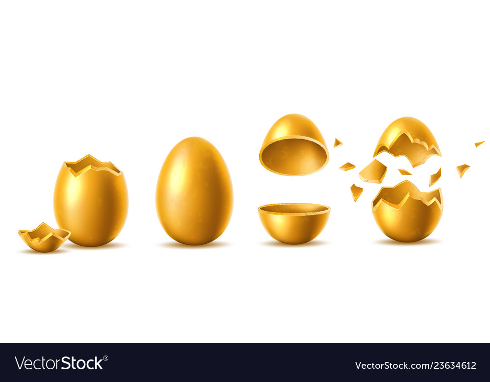 3d golden eggs with broken eggshell set Royalty Free Vector